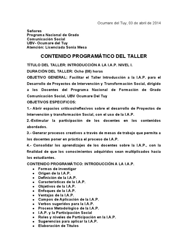 Contenido Programatico Taller Iap | PDF | Arte