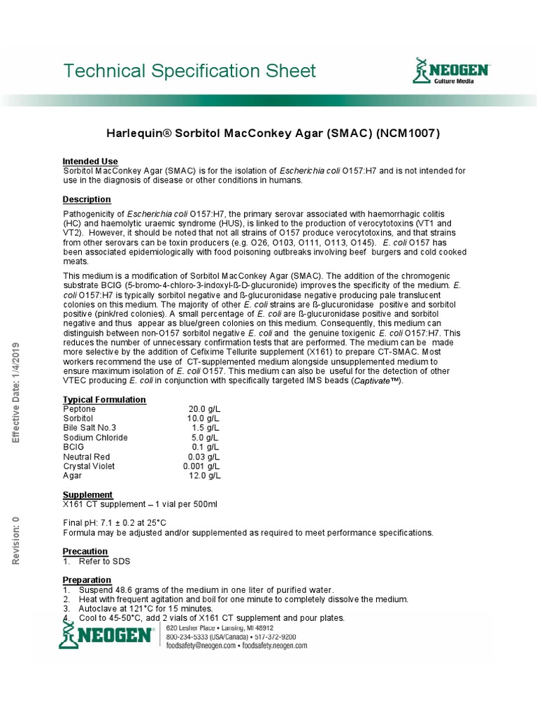 Technical Specification Sheet: Harlequin® Sorbitol Macconkey Agar (Smac ...