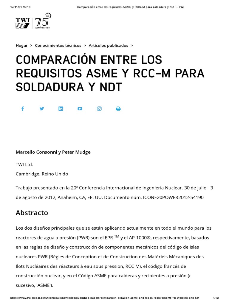 Comparación Entre Los Requisitos ASME y RCC-M para Soldadura y NDT - TWI | PDF | Construcción ...