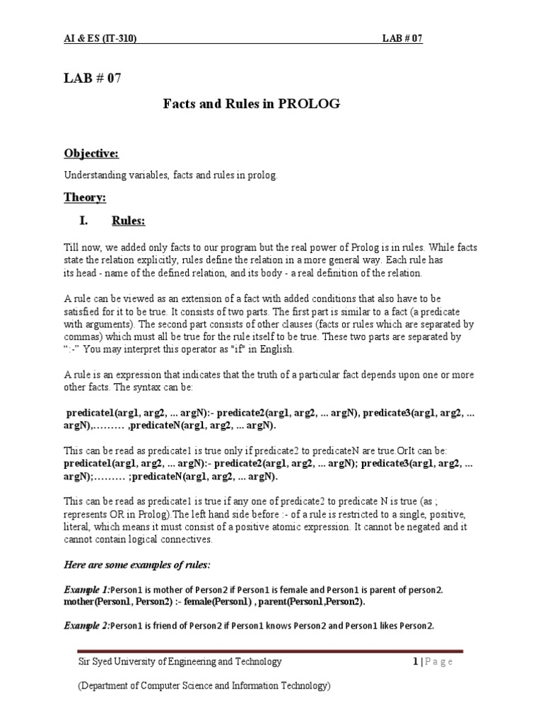 LAB # 07 Facts and Rules in PROLOG: Objective | PDF | Predicate (Grammar) | Syntax