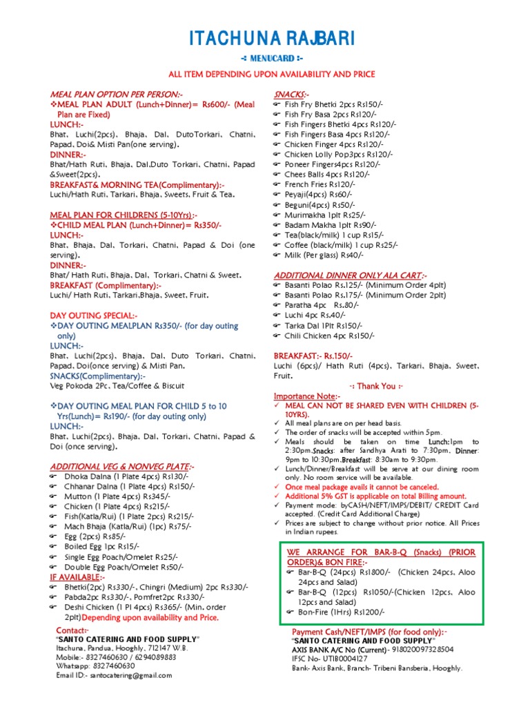 Itachuna Rajbari: All Item Depending Upon Availability and Price | PDF ...