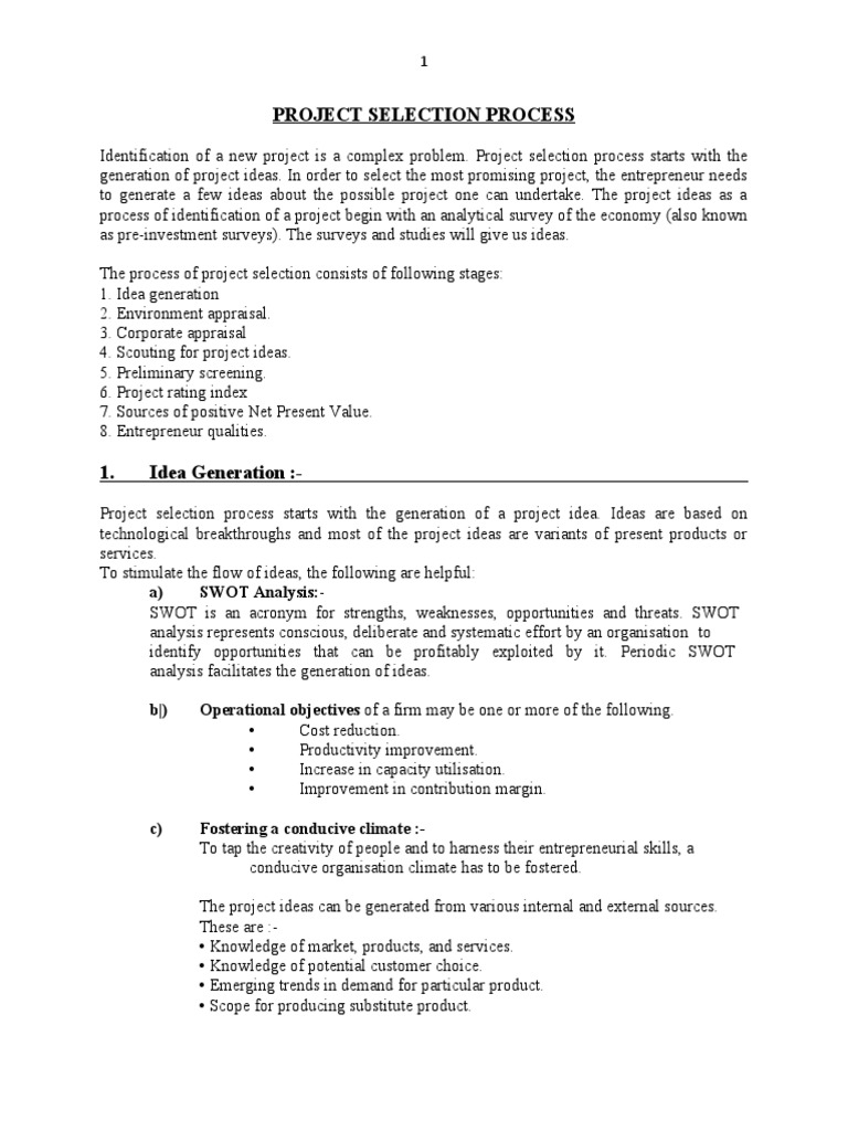 Project Selection Process Overview | PDF | Swot Analysis | Entrepreneurship