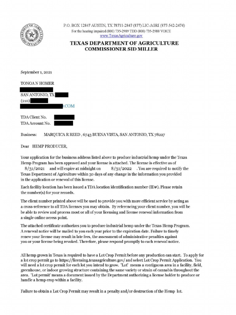 Texas Dept. of Agriculture Hemp License | PDF