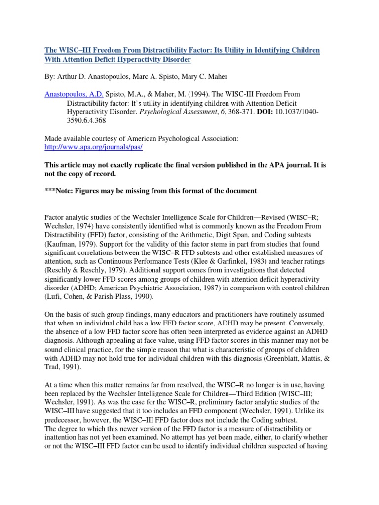 ADHD Diagnosis Using WISC-III FFD | PDF | Attention Deficit ...