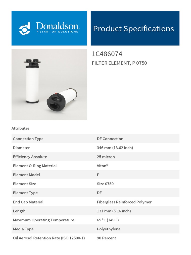 Product Specifications: Filter Element, P 0750 | PDF