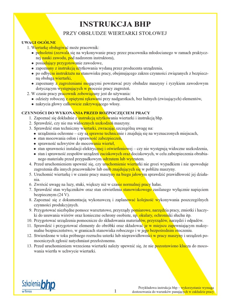 Instrukcja BHP Przy Obsłudze Wiertarki Stołowej | PDF