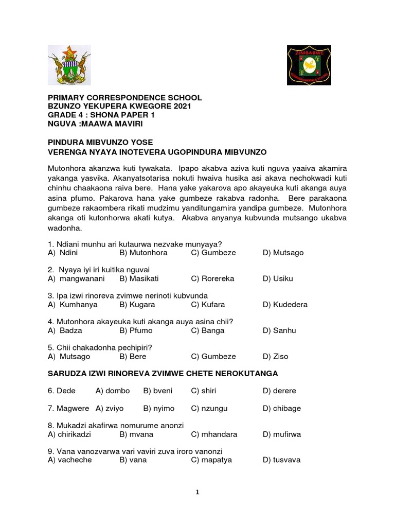 Grade 4 Shona Paper 1 | PDF