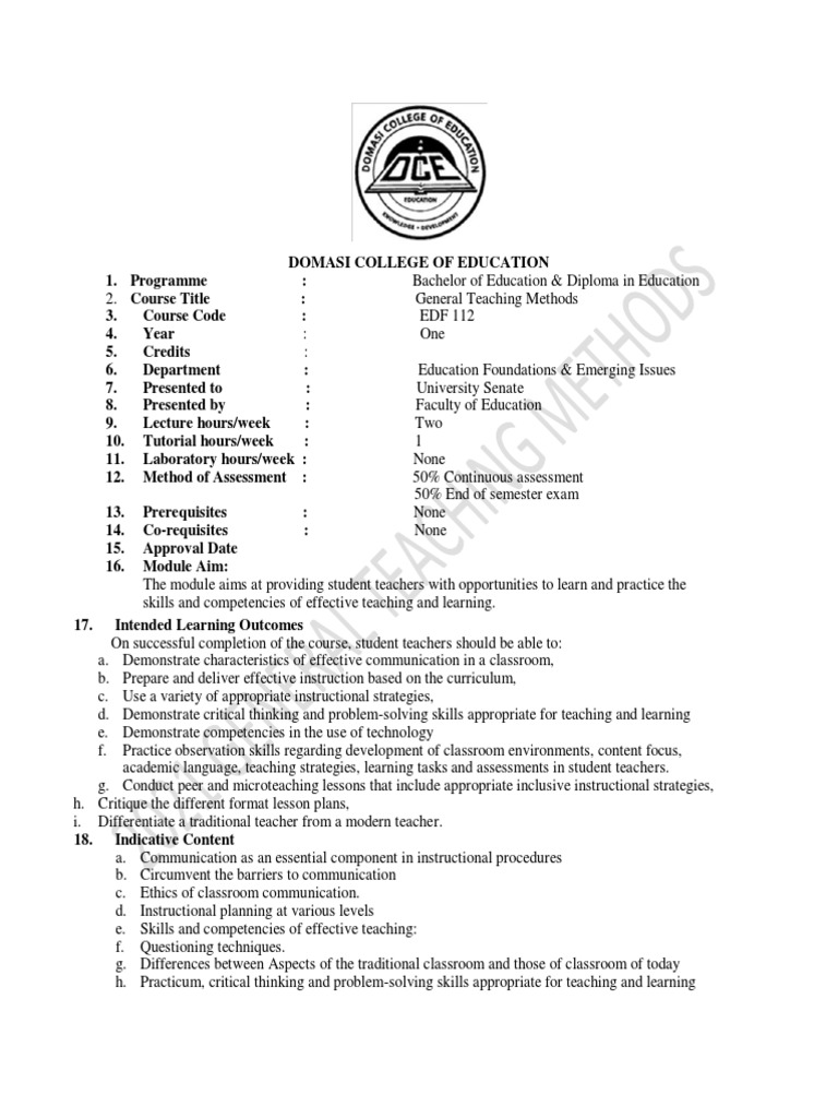 General Teaching Methods - Students Course Outline | PDF | Teachers ...