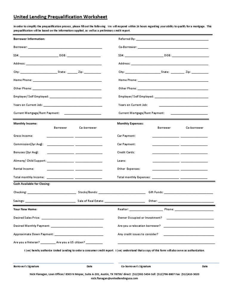 Pre Qualification Worksheet | PDF | Loans | Mortgage Loan