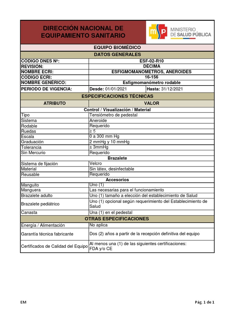 Especificaciones Esfigmomanómetro Rodable | PDF