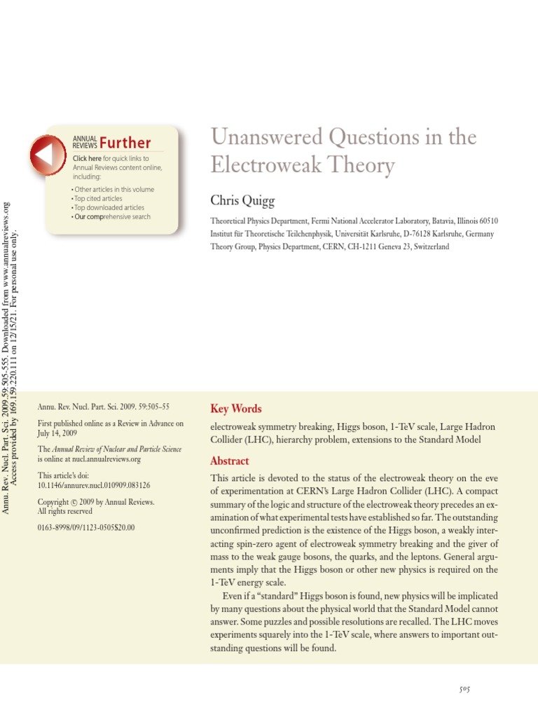 Unanswered Questions in The Electroweak Theory: Further | PDF ...