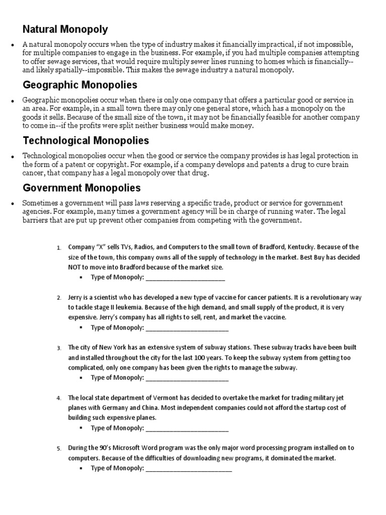 Monopoly Worksheet | PDF | Monopoly | Profit (Economics)