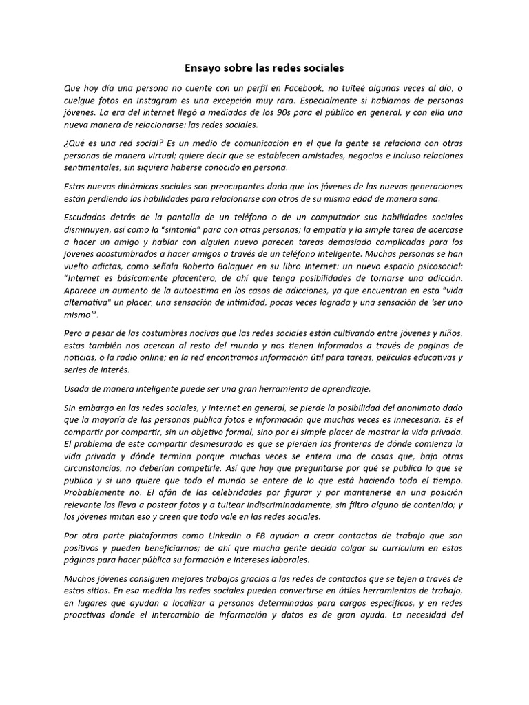 Ensayo Sobre Las Redes Sociales Lectura VII Ciclo | PDF | Servicio de ...