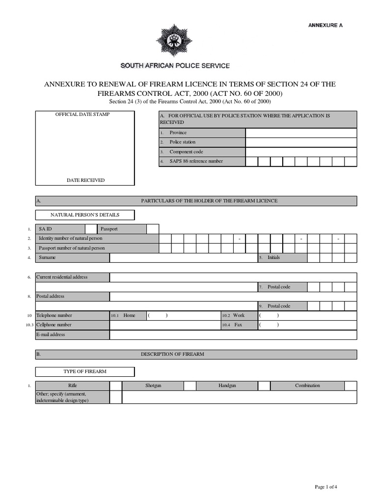 Annexure To Renewal of Firearm Licence Application For A Competency ...