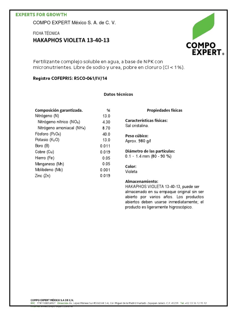 Hakaphos Violeta 13-40-13 | PDF | Sustancias químicas | Elementos químicos