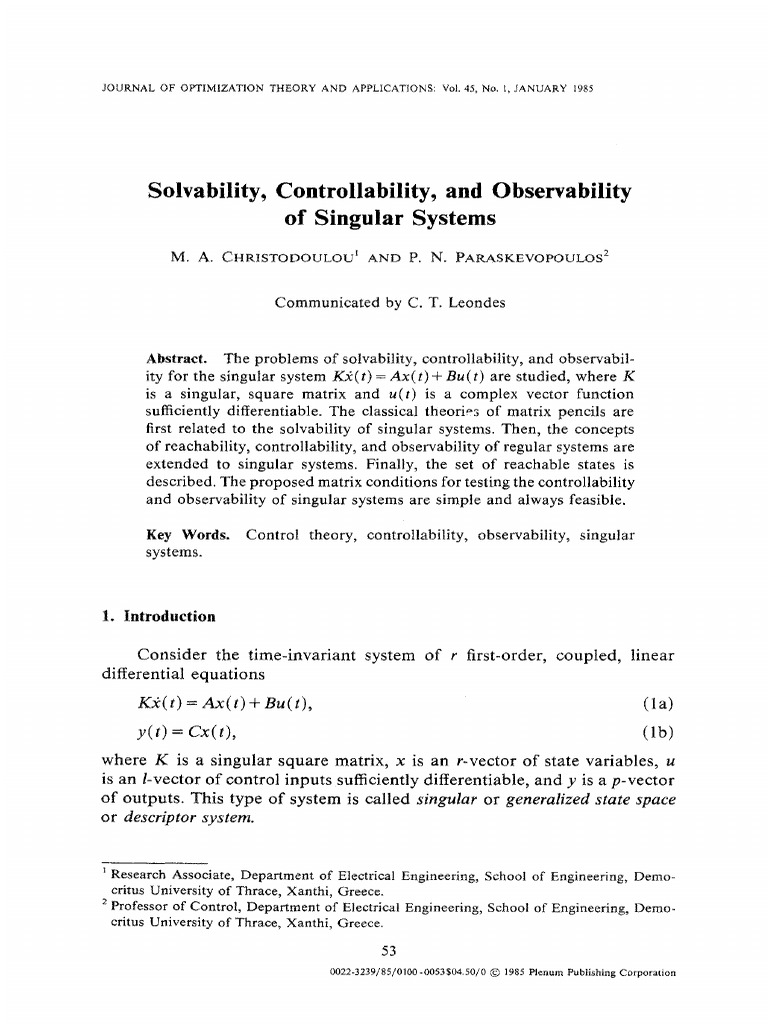 Solvability, Controllability, and Observability of Singular Systems | PDF | Matrix (Mathematics ...
