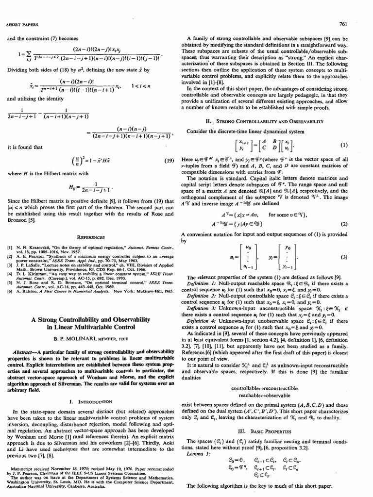 Strong Controllability and Observability Molinari | PDF | Linear ...