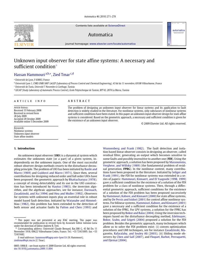 Unknown Input Observer For State Affine Systems A Necessary and Sufficient Condition | PDF ...
