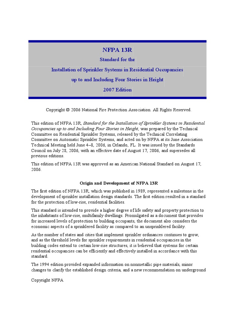 Nfpa 13R 2007 | PDF | Pipe (Fluid Conveyance) | Fire Sprinkler System