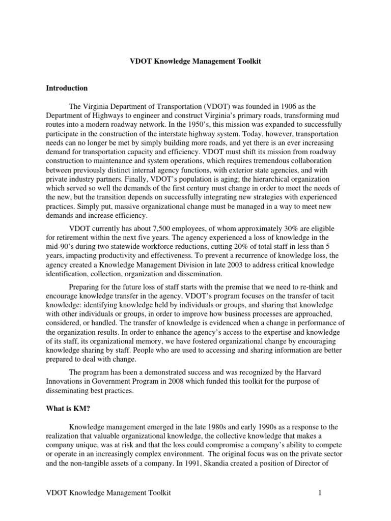 VDOT Knowledge Management Toolkit | PDF | Knowledge Management | Tacit Knowledge