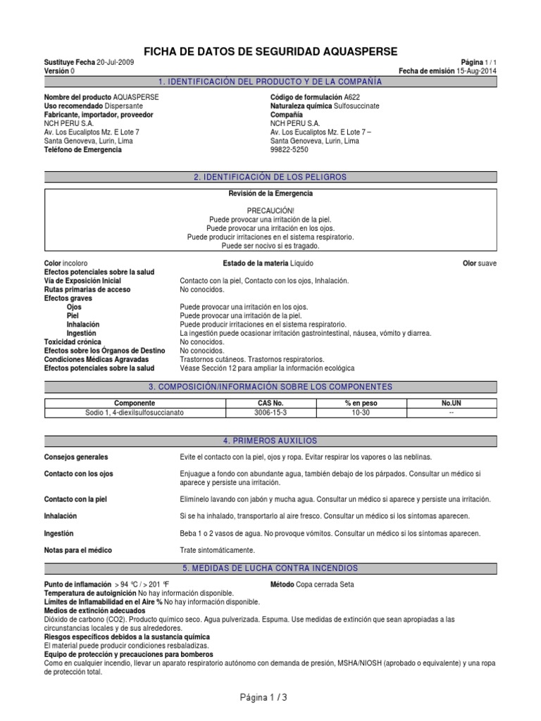 Ficha de Seguridad de Aquasperse | PDF | Agua | Información
