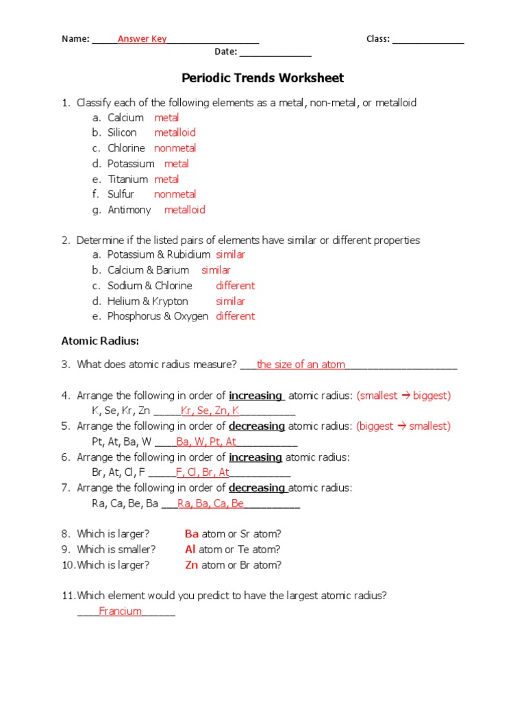 Periodic Trends WS KEY | PDF | Chemistry | Physical Sciences