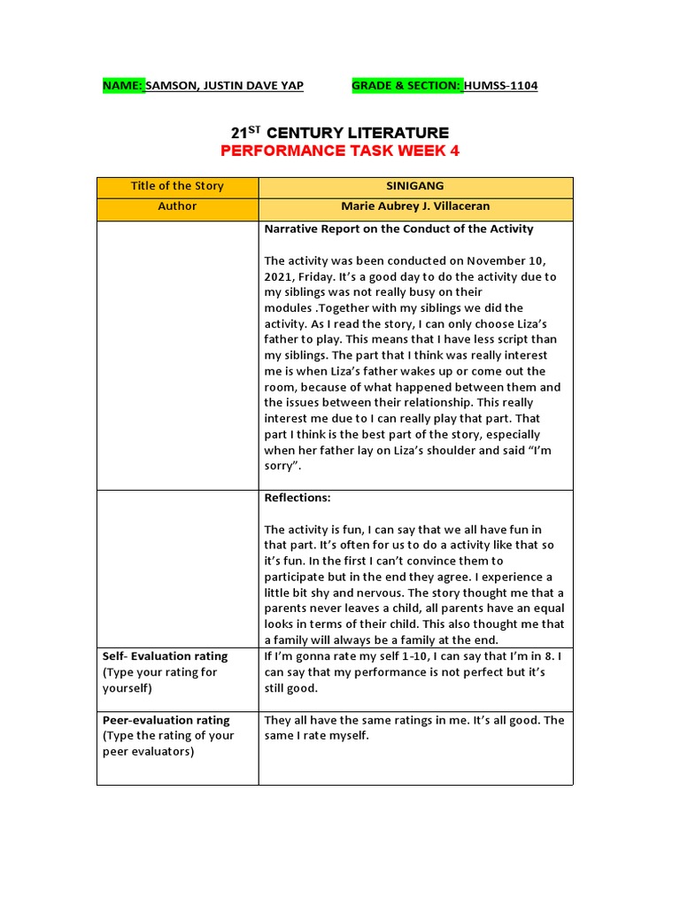 Performance Task Week 4: 21 Century Literature | PDF
