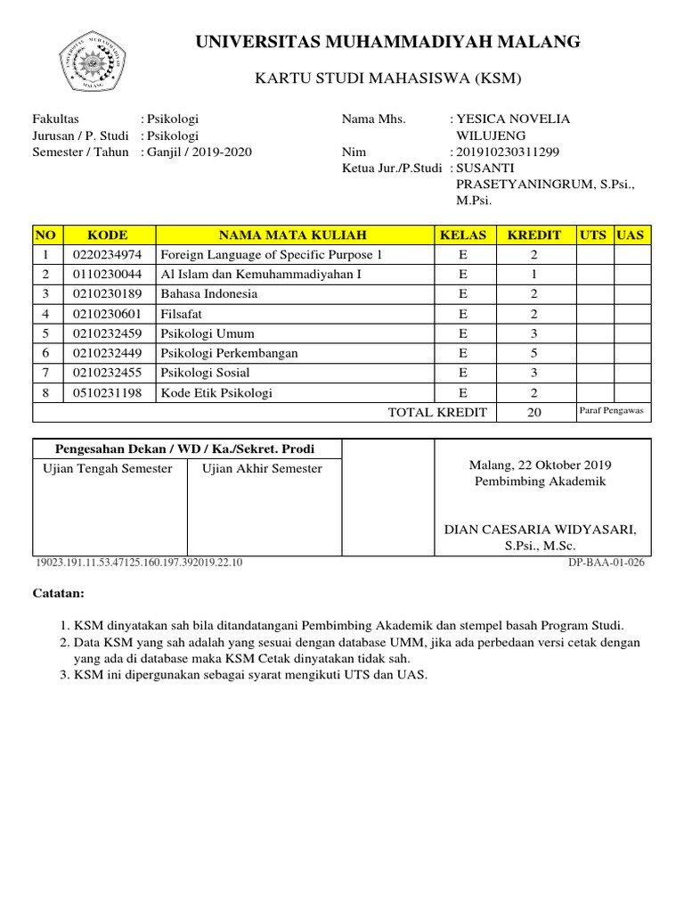 Kartu Studi Mahasiswa Psikologi UMM 2019 | PDF