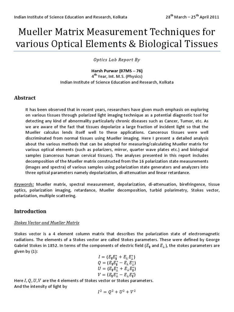 Mueller Matrix Measurement Techniques For Various Optical Elements ...