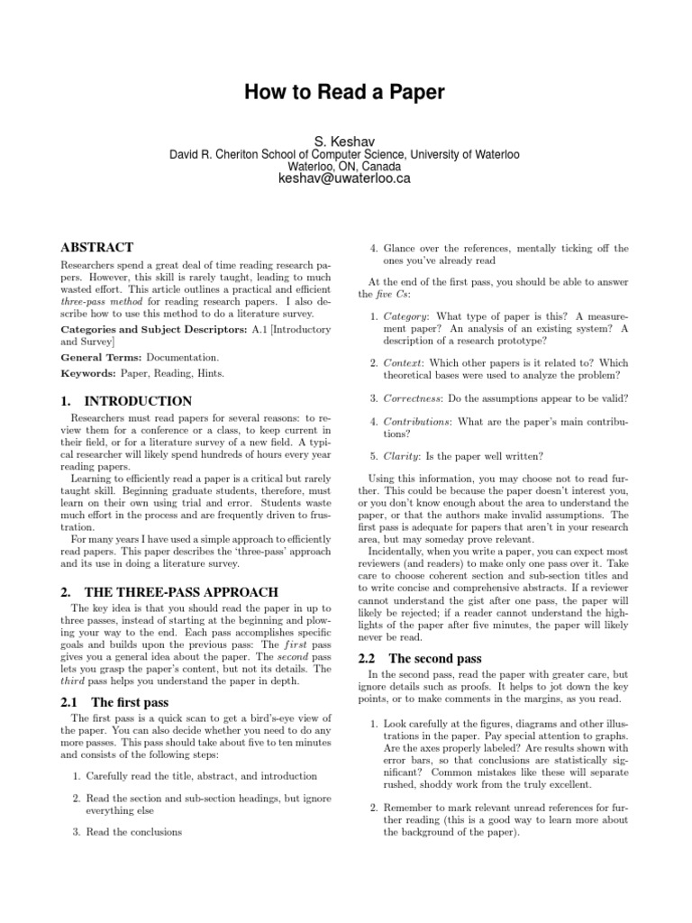 How To Read A Paper: S. Keshav Keshav@uwaterloo - Ca | PDF