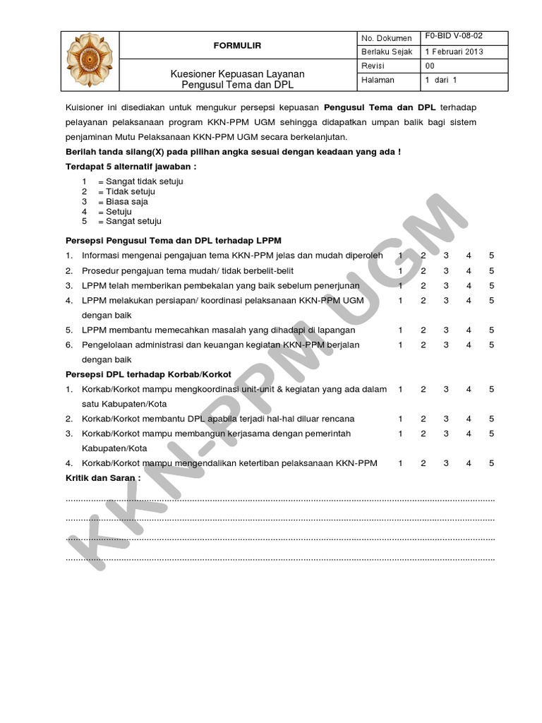 FO-BID V-08-02-Kuesioner-Kepuasan Layanan-KKN-PPM Untuk Pengusul Tema Dan DPL - 5 Mahasiswa 2018 ...