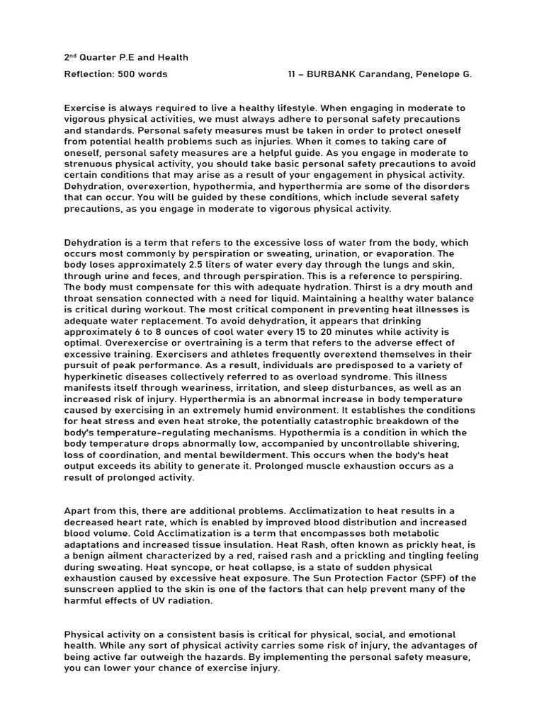 REFLECTION PE & Health | PDF | Hyperthermia | Dehydration