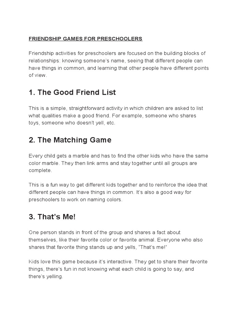 The Good Friend List: Friendship Games For Preschoolers | PDF