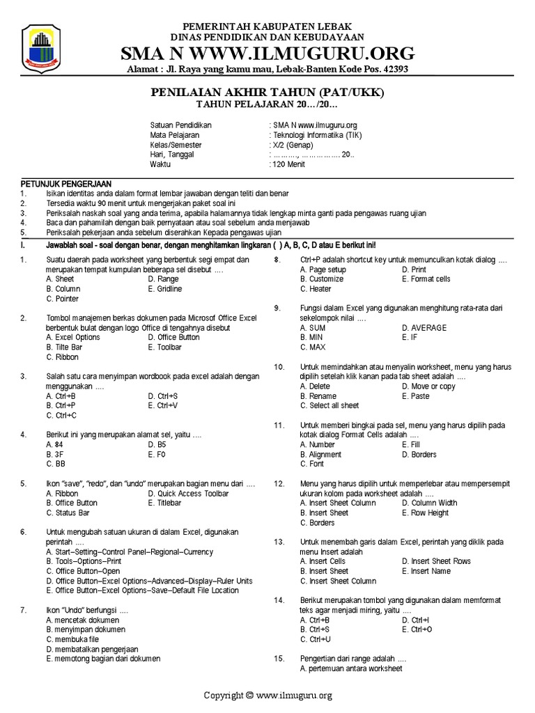 Soal PAT TIK Kelas 10 | PDF