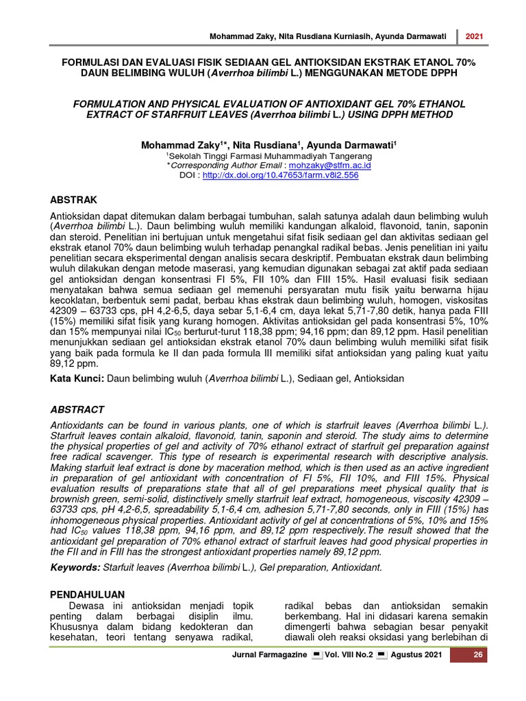 Jurnal FORMULASI DAN EVALUASI FISIK SEDIAAN GEL ANTIOKSIDAN EKSTRAK ETANOL 70% DAUN BELIMBING ...