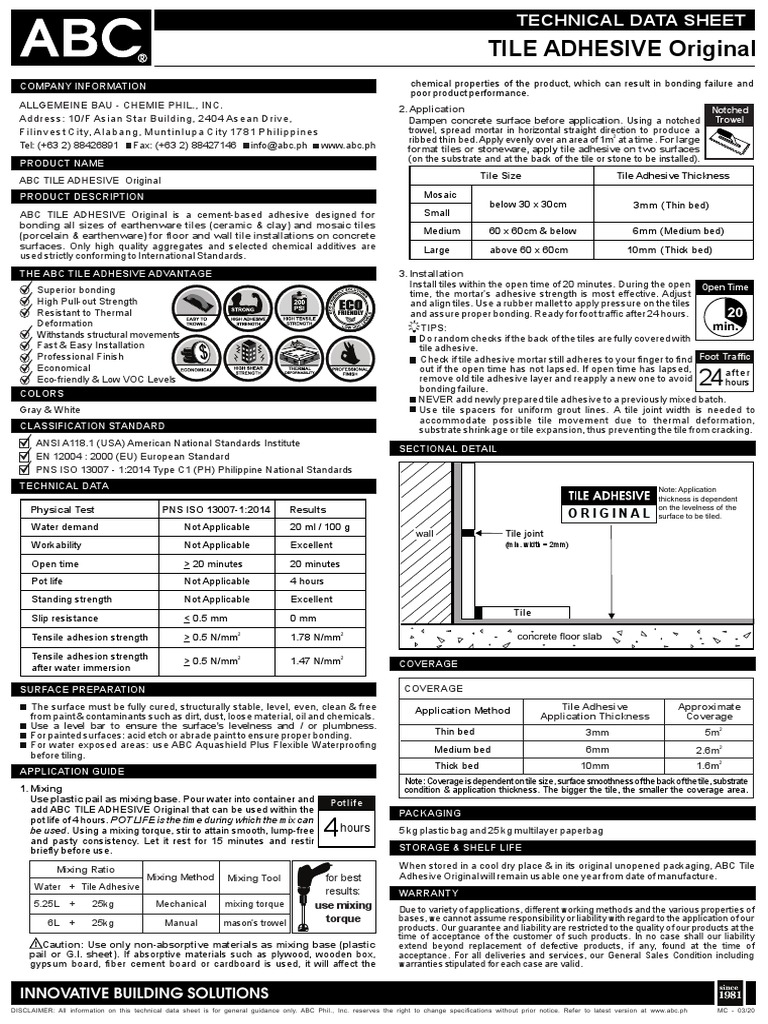 ABC Tile Adhesive Technical Data Sheet | PDF | Tile | Adhesive