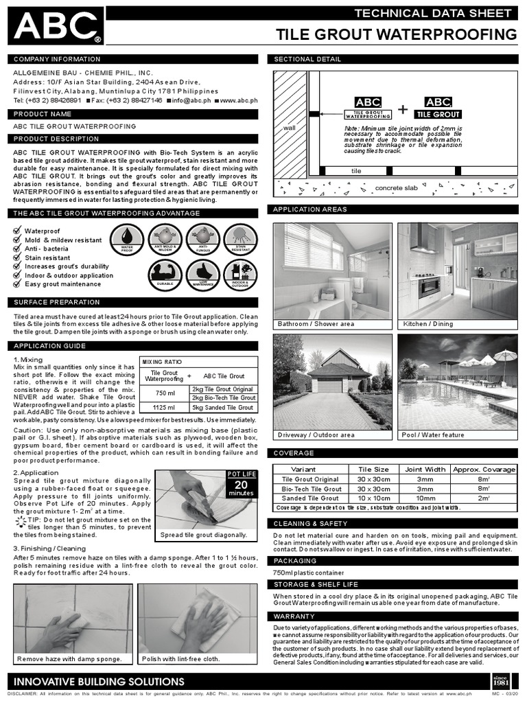 Abc Tile Grout Waterproofing Technical Data Sheet 2020 | PDF | Tile ... Abc Tile Grout Waterproofing Technical Data Sheet 2020 | PDF | Tile ...