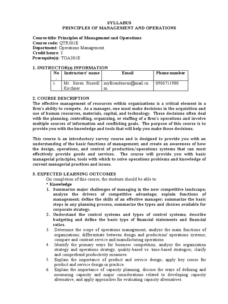 Principles of Management Syllabus QTR301E | PDF | Lecture | Operations ...