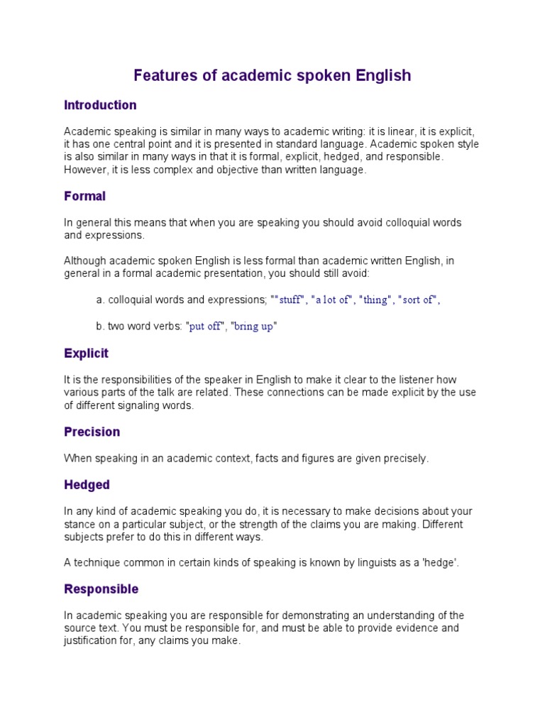 Features of Academic Spoken English | PDF | English Language | Learning