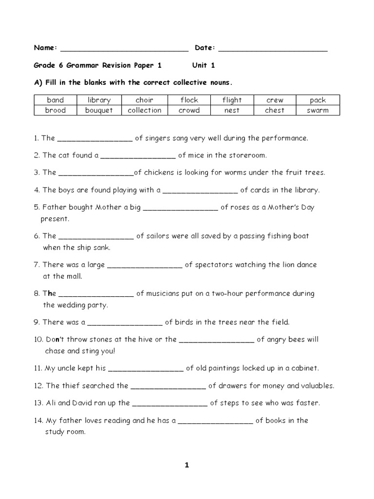 Grade 6 Grammar Revision Paper 1 | PDF