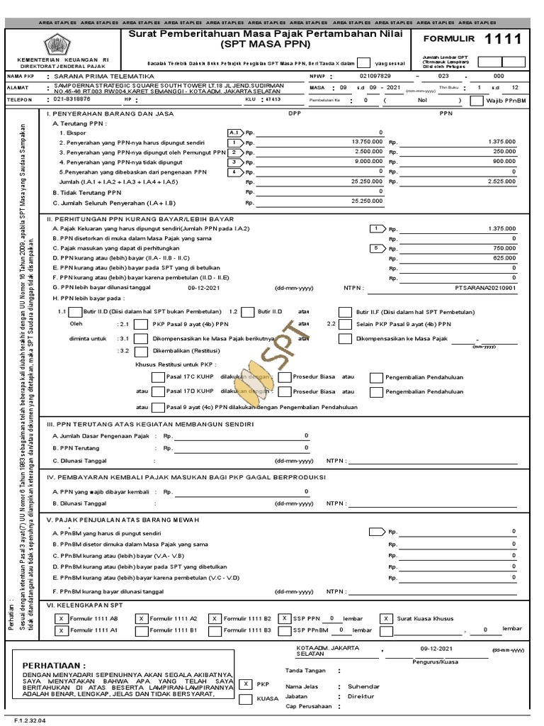 Surat Pemberitahuan Masa Pajak Pertambahan Nilai (SPT Masa PPN) | PDF