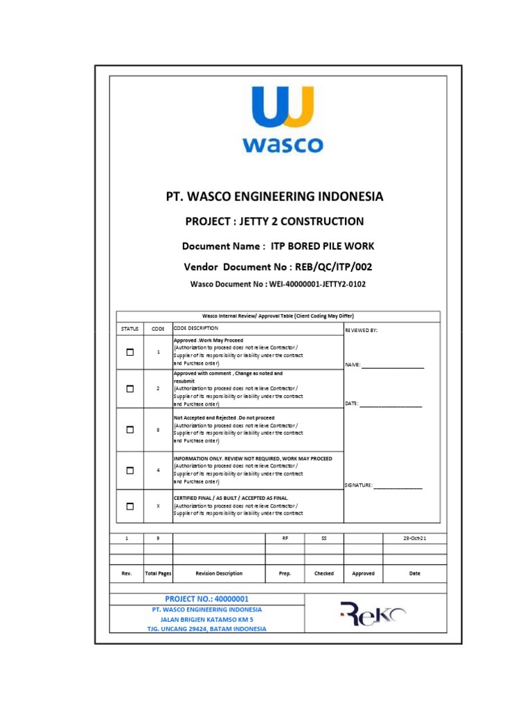 Jetty 2 ITP for Bored Pile Inspection | PDF | Specification (Technical ...