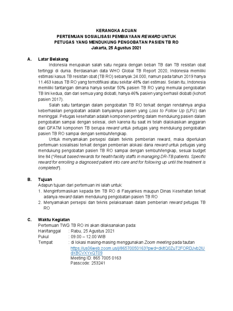 2021 - TOR Sosialisasi Reward TB RO-1 | PDF