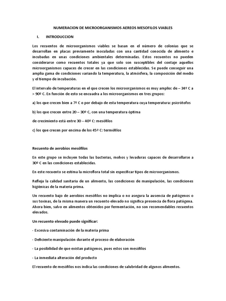 Recuento de Microorganismos Mesófilos | PDF | Microorganismo | Alimentos