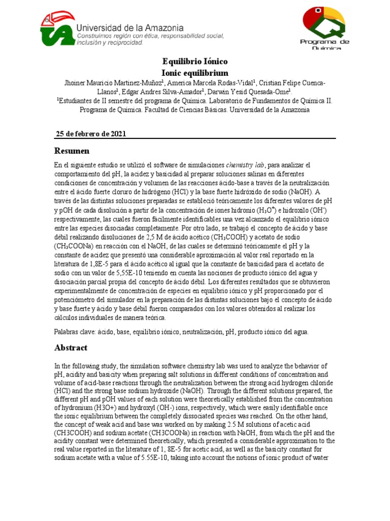 Informe Equilibrio Iónico P4 | Descargar gratis PDF | Ácido | Ph