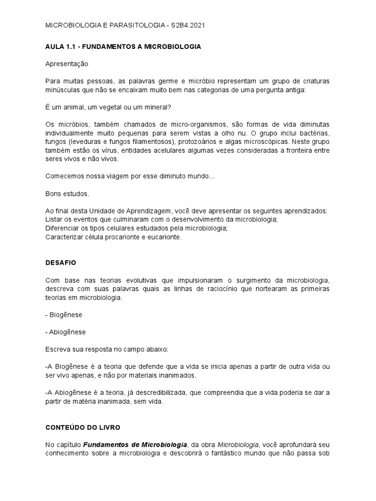 Aula 1.1 - Fundamentos A Microb | PDF | Microrganismo | Abiogênese