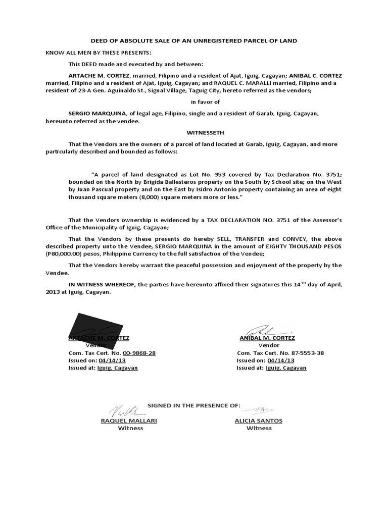 Deed of Absolute Sale of An Unregistered Parcel of Land | PDF | Real ...