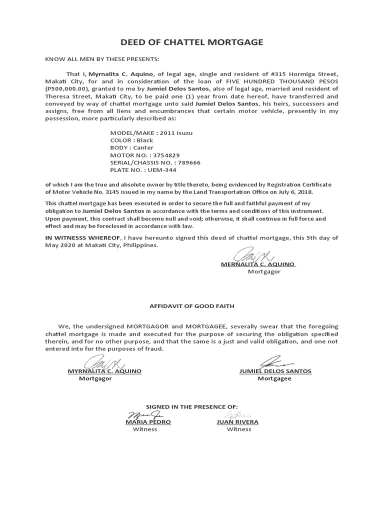 Deed of Chattel Mortgage | PDF | Mortgage Law | Real Estate