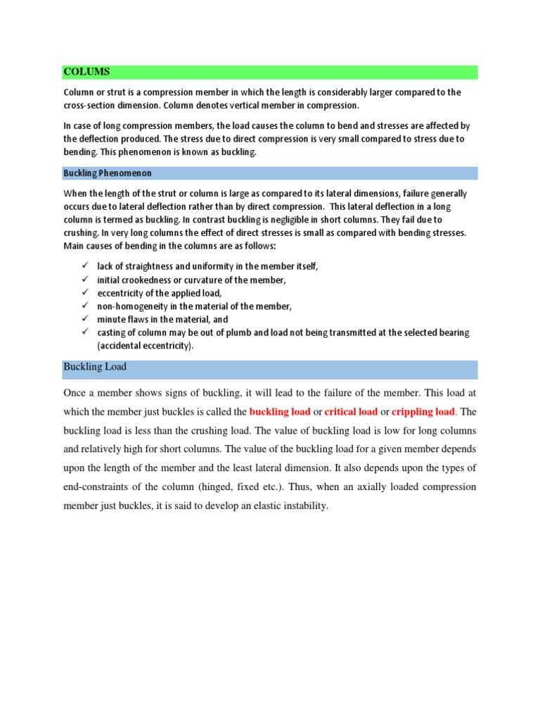 Colums: Buckling Load Critical Load Crippling Load | PDF | Buckling ...