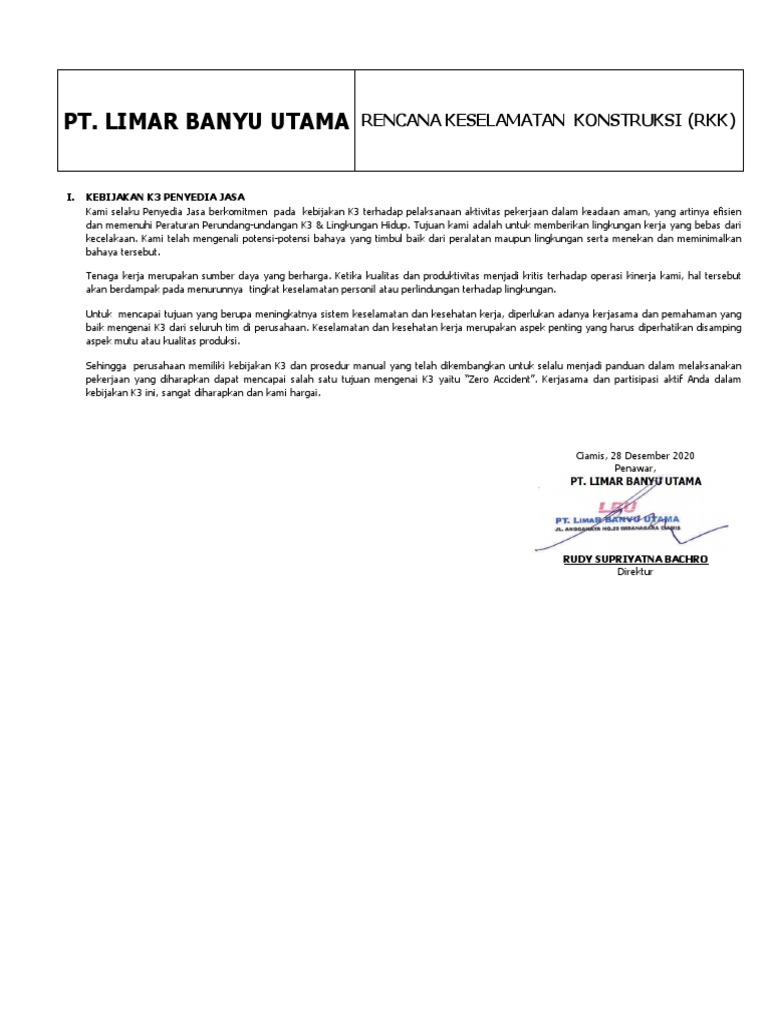 Pt. Limar Banyu Utama: Rencana Keselamatan Konstruksi (RKK) | PDF